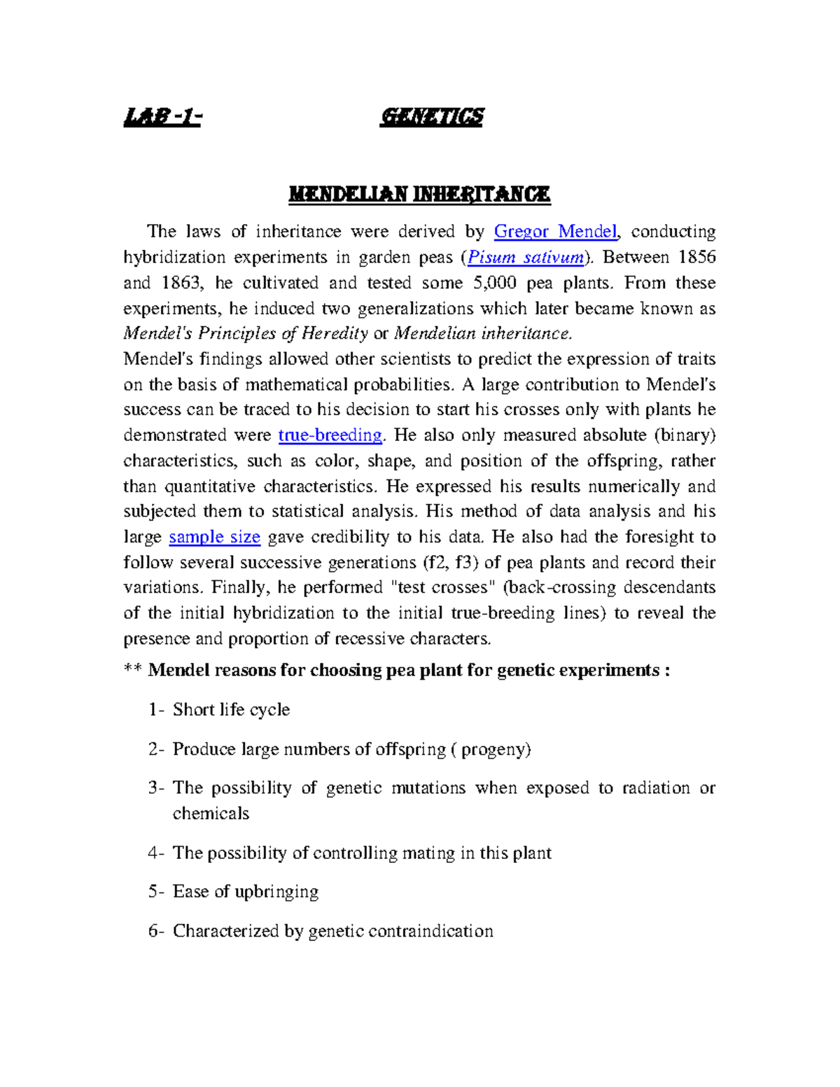 Genetics lab 1 - LAB - 1 - GENETICS Mendelian inheritance The laws of ...