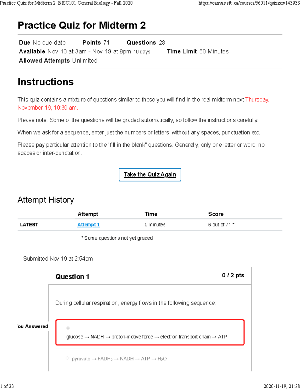 Midterm 6 October, questions and answers - Practice Quiz for Midterm 2: BISC101 General Biology ...