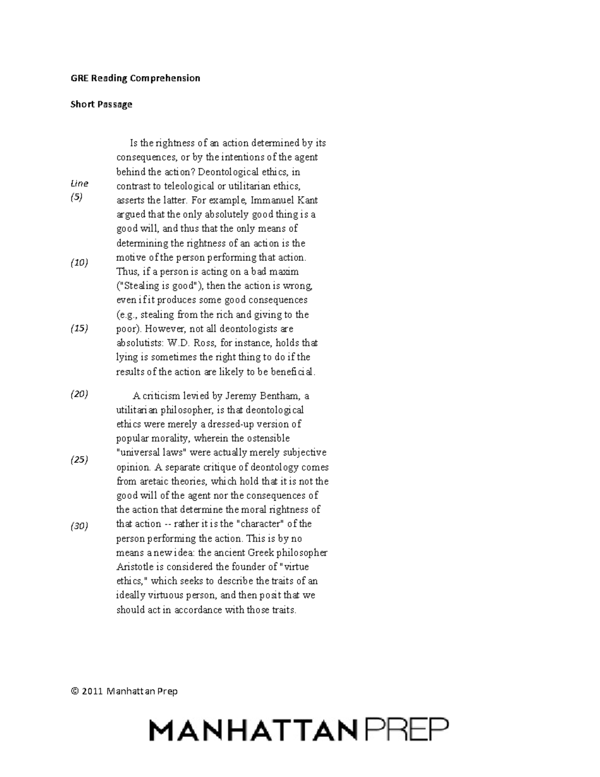 9 - gre - **GRE Reading Comprehension ** **Short Passage ** ) ) _Line ...