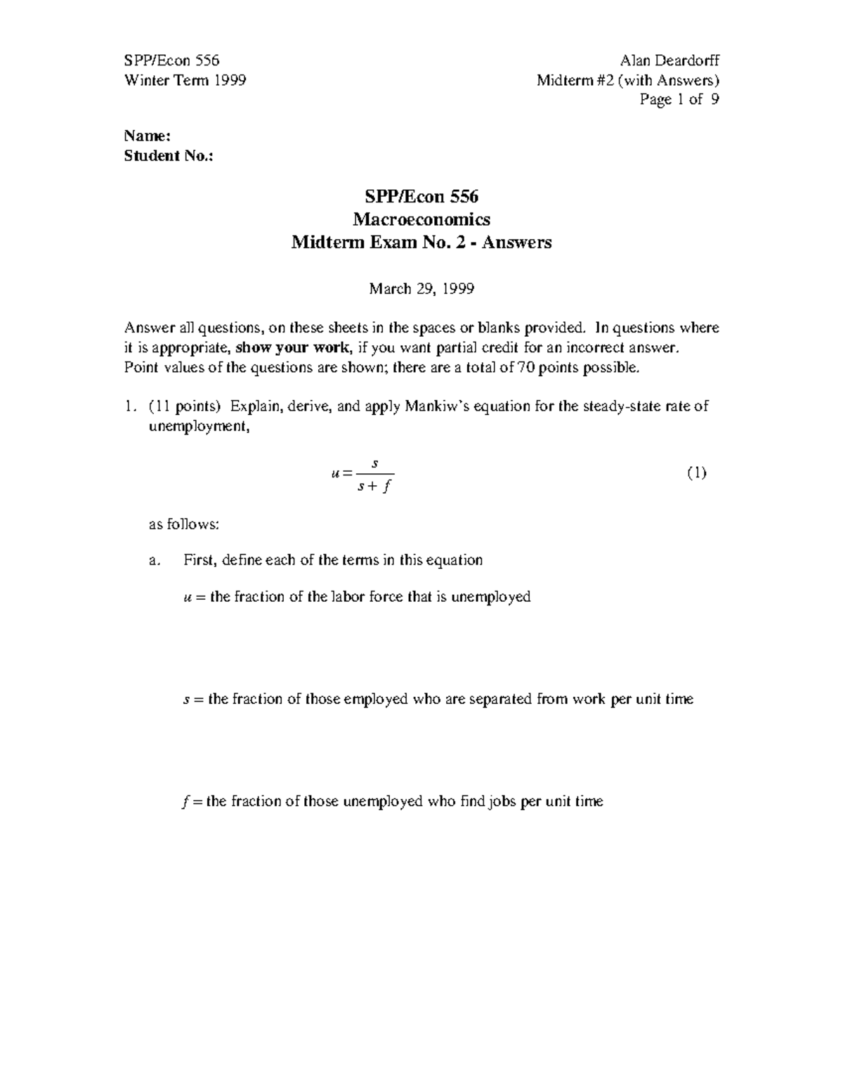 Exam 11 March 2016, answers - 556 Winter Term Alan Deardorff Midterm ...