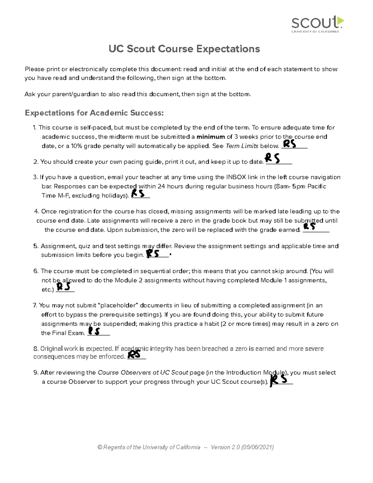 2021 Course Expectations - UC Scout Course Expectations Please print or ...