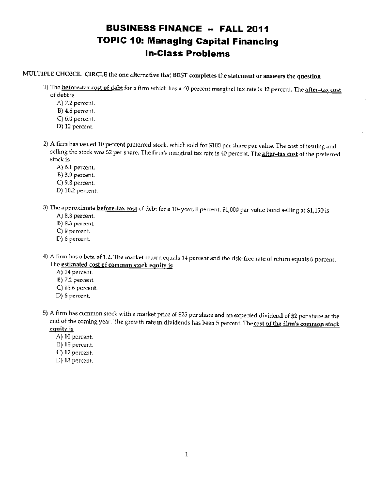 0A0 Topic 10 In Class Problems - Accounting - Studocu