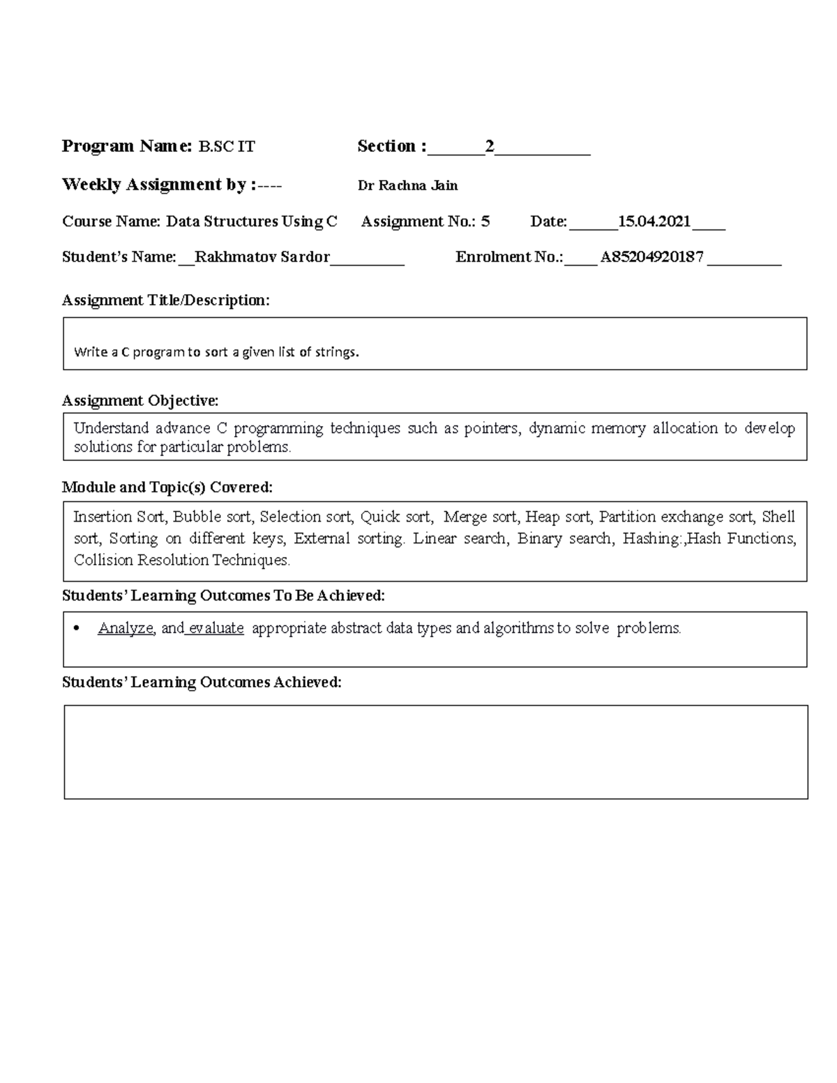 B.Sc IT-Data Structures-Assignment 5 - Program Name: B IT Section :2 ...
