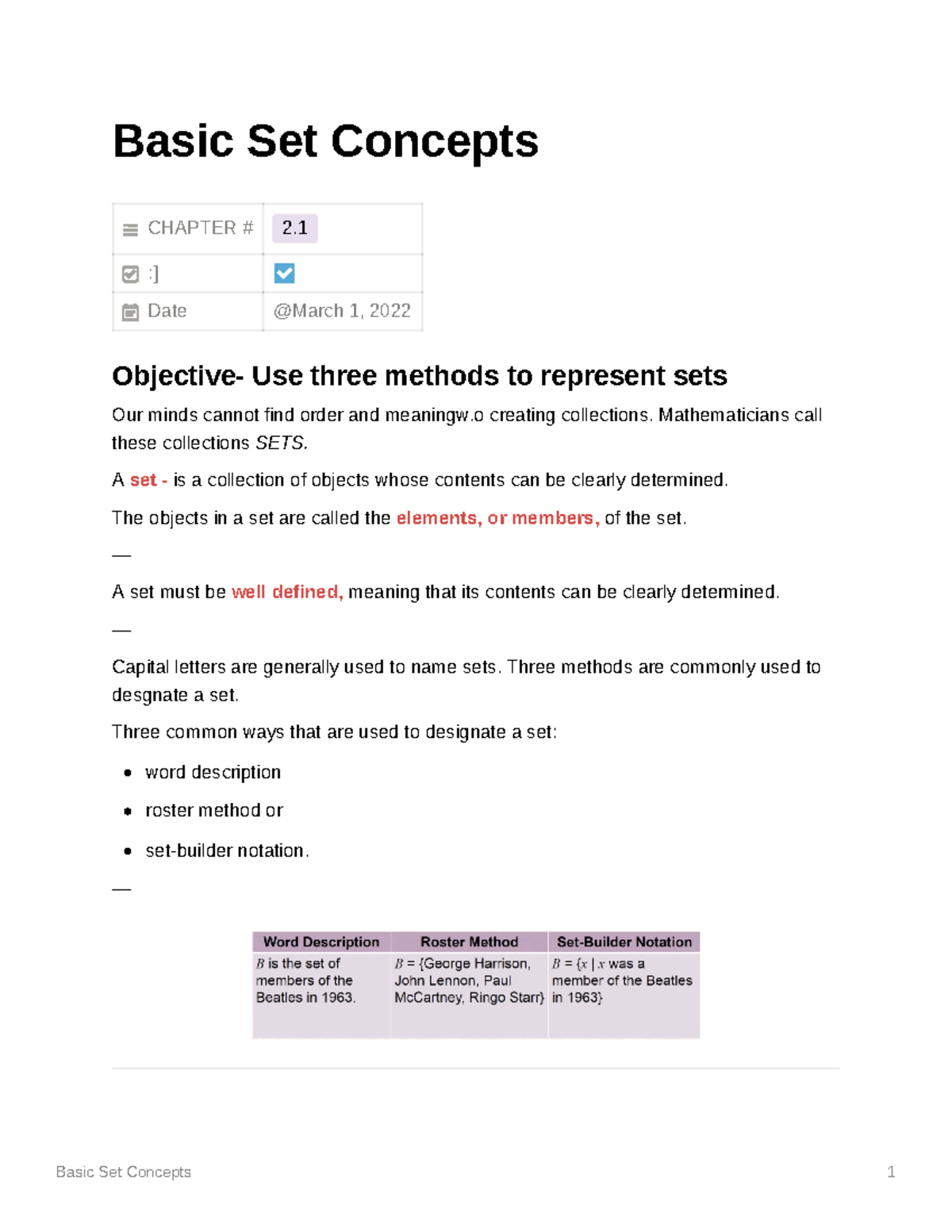 2.1 Basic Set Concepts - Basic Set Concepts CHAPTER # 2. :] Date ...