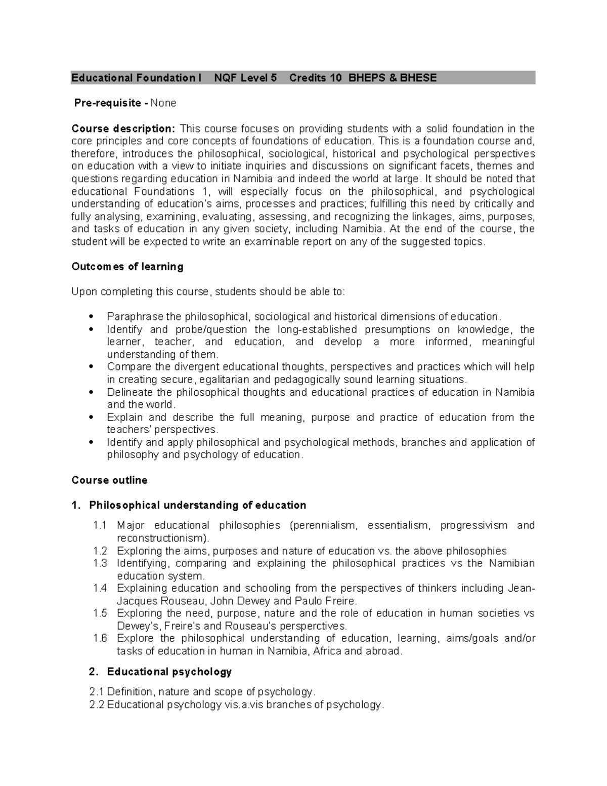 Education foundation I course outline - Educational Foundation I NQF ...