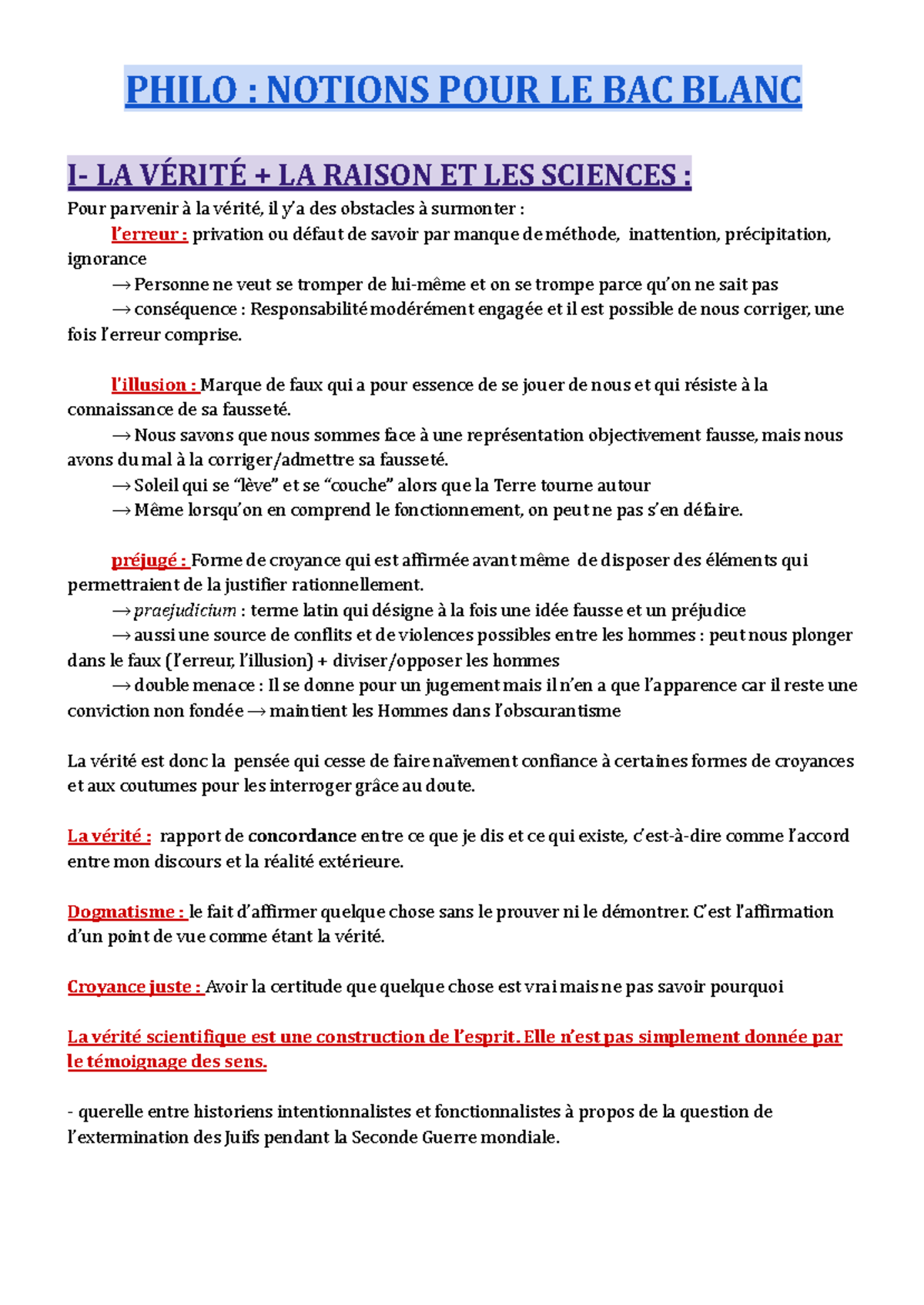 Fiche Philo BAC Blanc - PHILO : NOTIONS POUR LE BAC BLANC I- LA VÉRITÉ + LA RAISON ET LES ...
