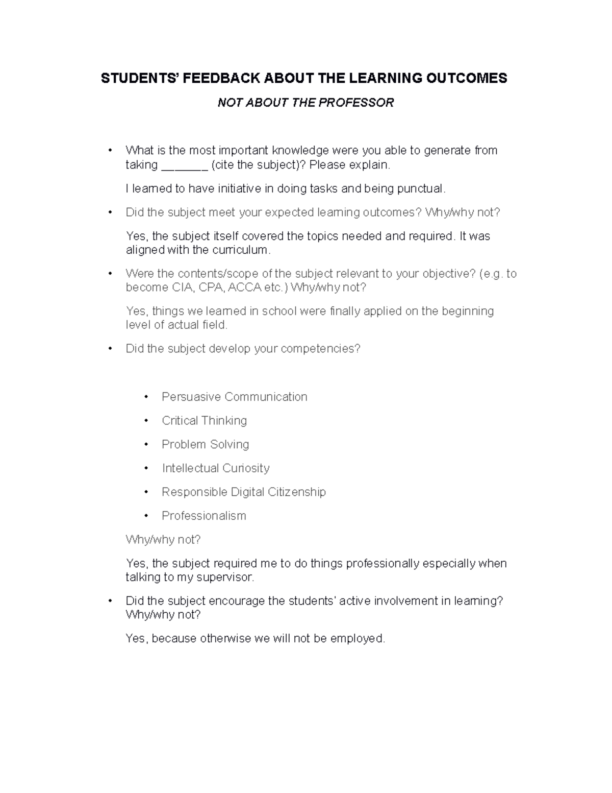 Students' Feedback About THE Learning Outcomes - STUDENTS’ FEEDBACK ...