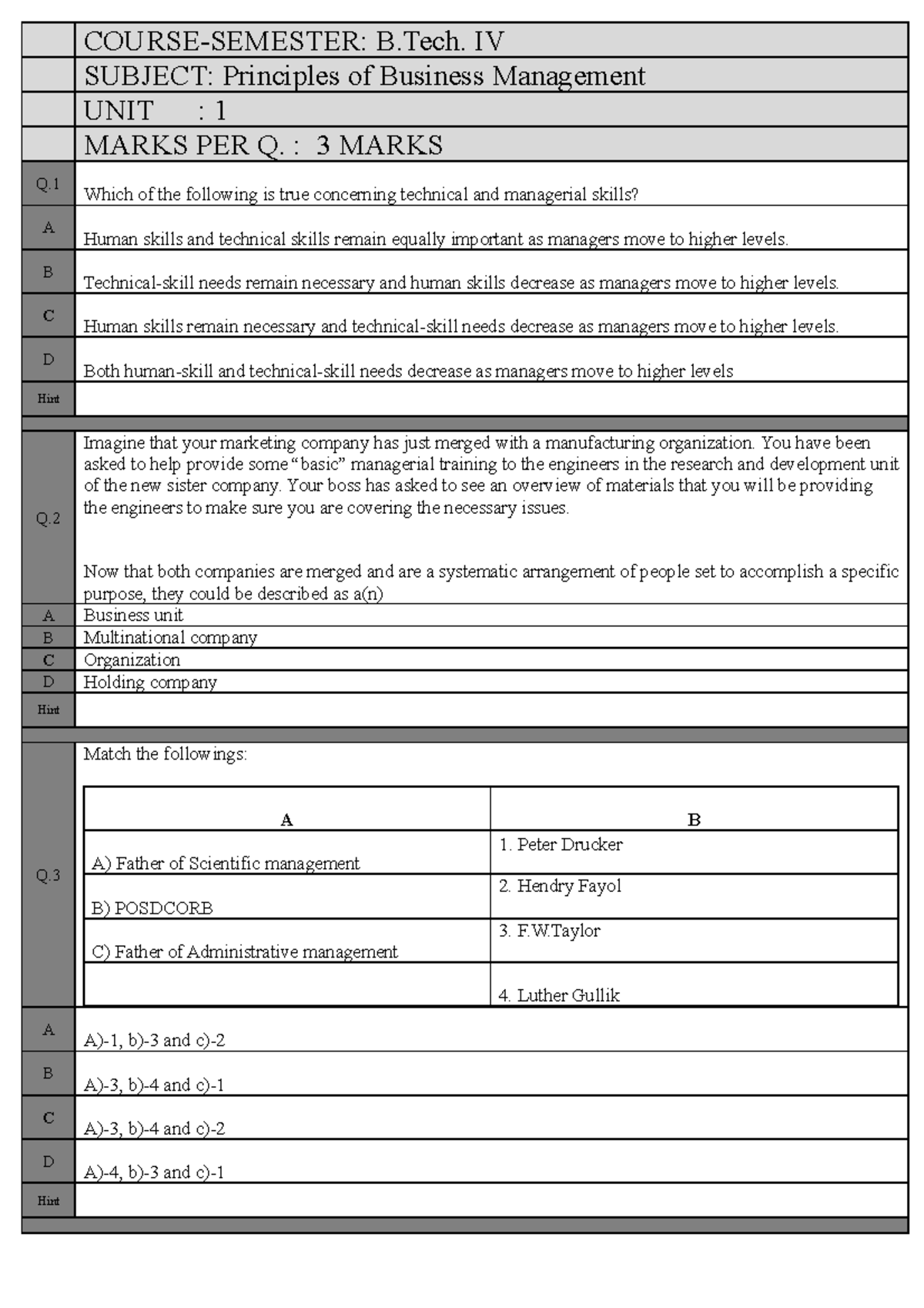HS B.Tech-IV PBM U1 (3 Marker) - COURSE-SEMESTER: B. IV SUBJECT ...