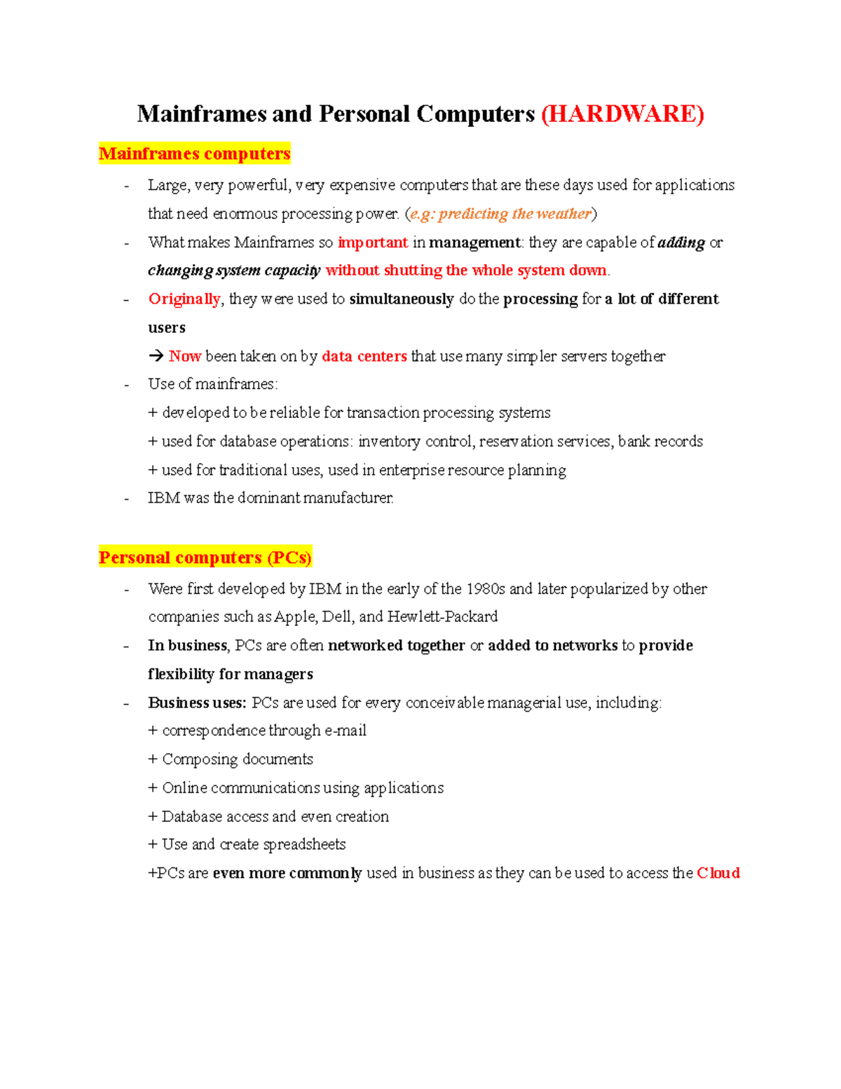 Week 1 - MIS 200 - Mainframes and Personal Computers - Mainframes and ...