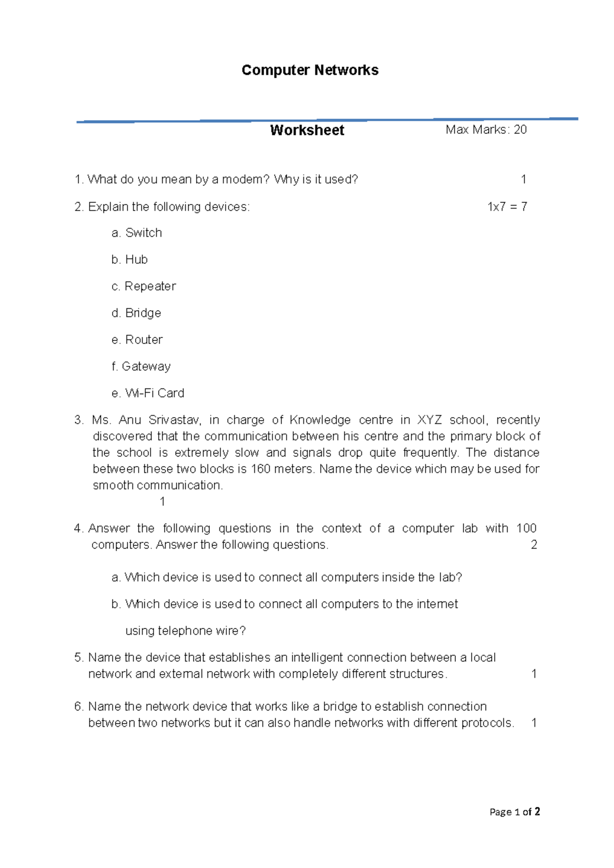 XII -Computer Network Worksheet- Module 1 Network Devices-converted ...
