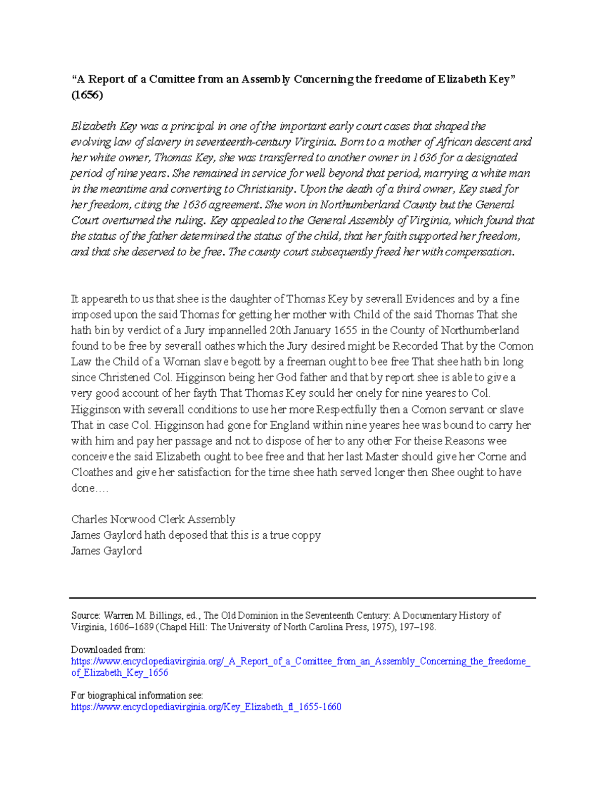 Elizabeth Key Article - “A Report of a Comittee from an Assembly ...