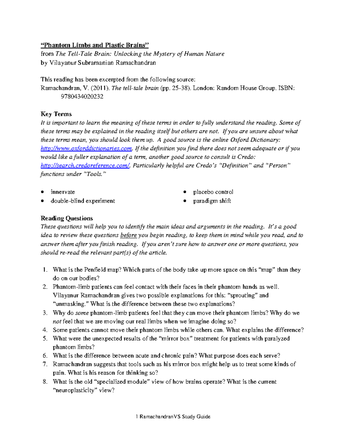 Study Guide - Phantom Limbs and Plastic Brains by Vilayanur Subramanian Ramachandran - 1 - Studocu