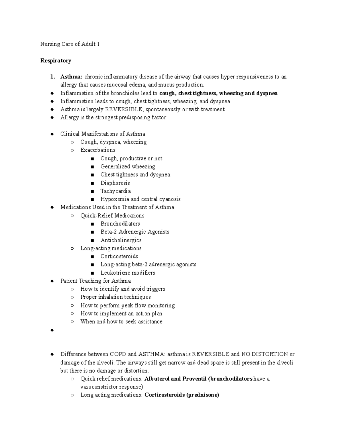 NUR397 Respiratory Quiz 1 Review Sheet - Nursing Care of Adult 1 ...