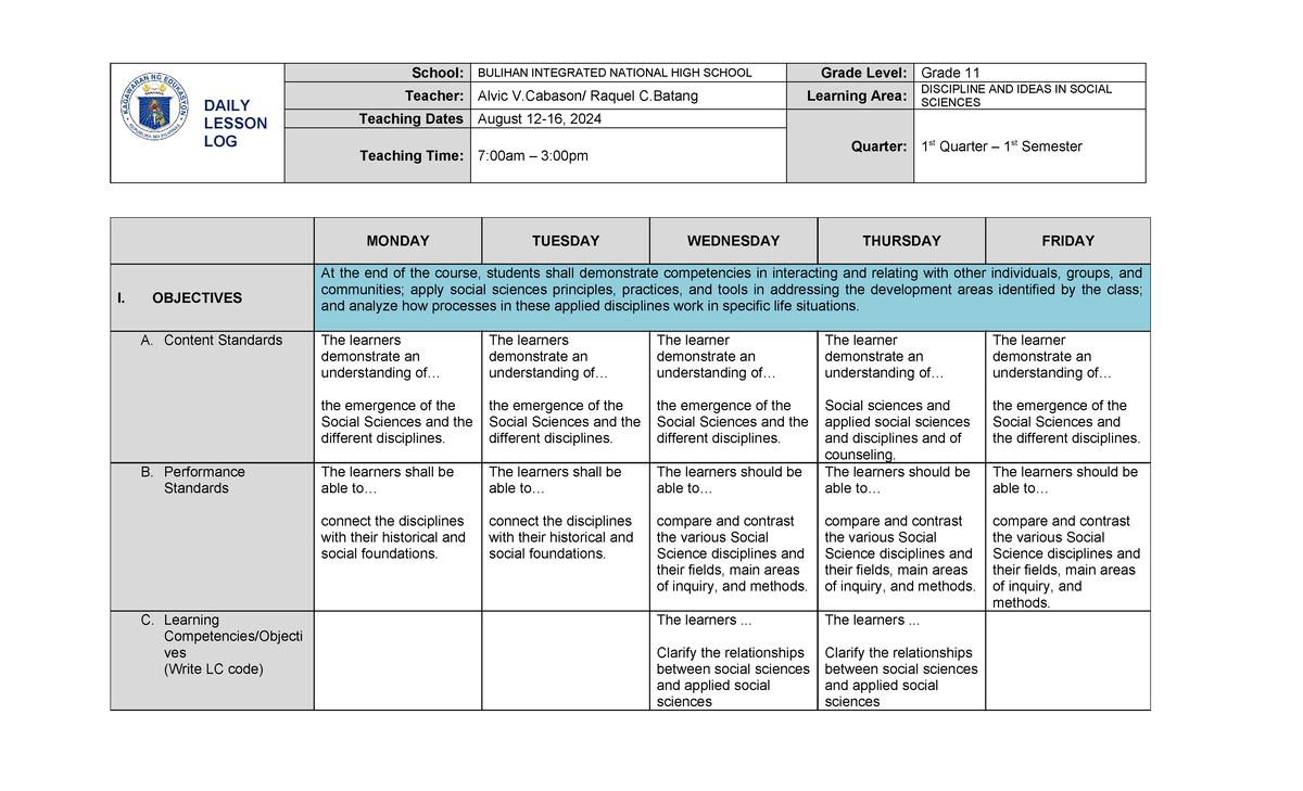 Week 3 - DLL DISS WEEK 3 - DAILY LESSON LOG School: BULIHAN INTEGRATED ...