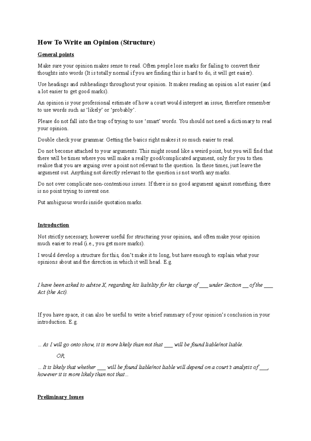 Writing opinions - How To Write an Opinion (Structure) General points ...