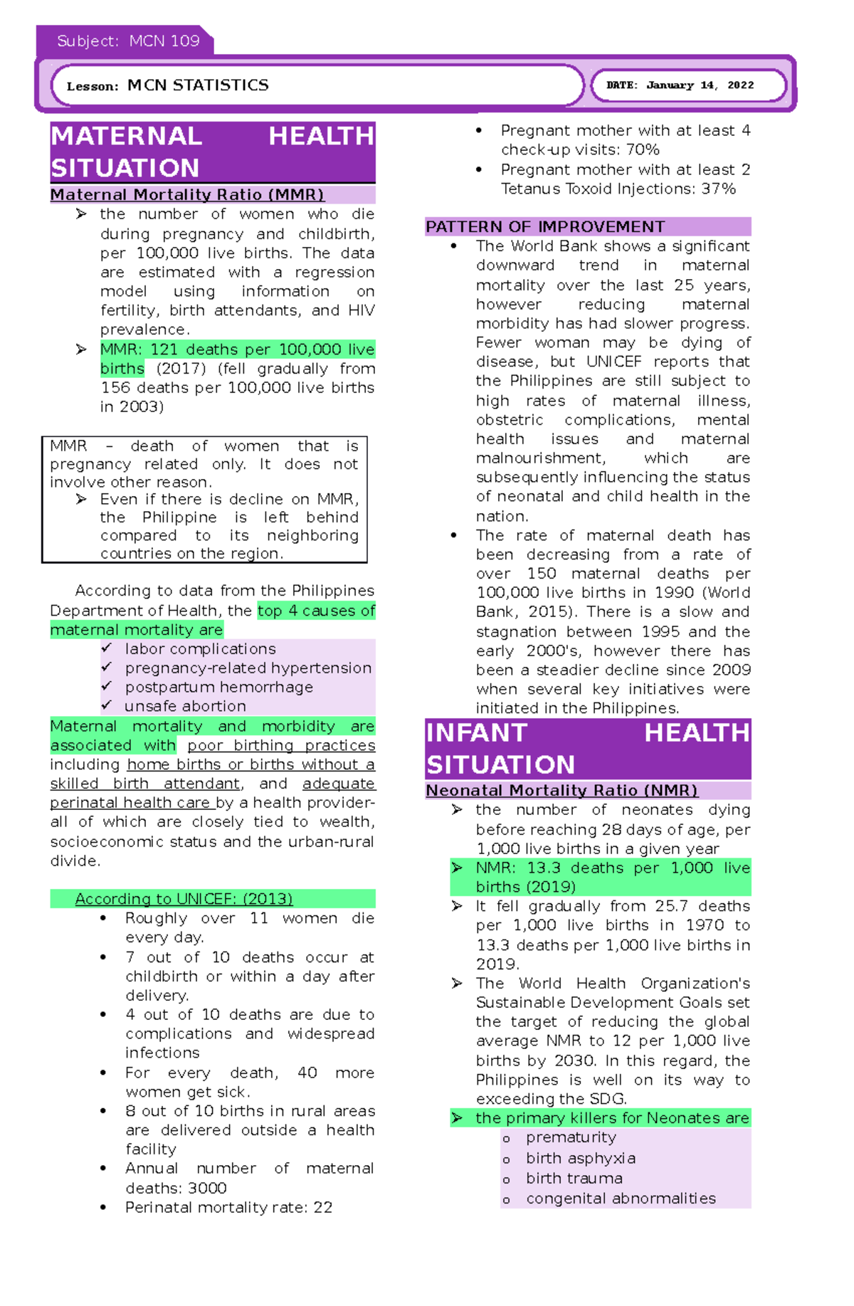 NURSING COURSE NOTES 1 - MATERNAL HEALTH SITUATION Maternal Mortality ...