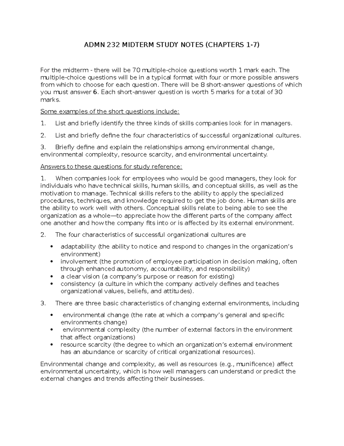 ADM232 Midterm Review - ADMN 232 MIDTERM STUDY NOTES (CHAPTERS 1-7) For ...