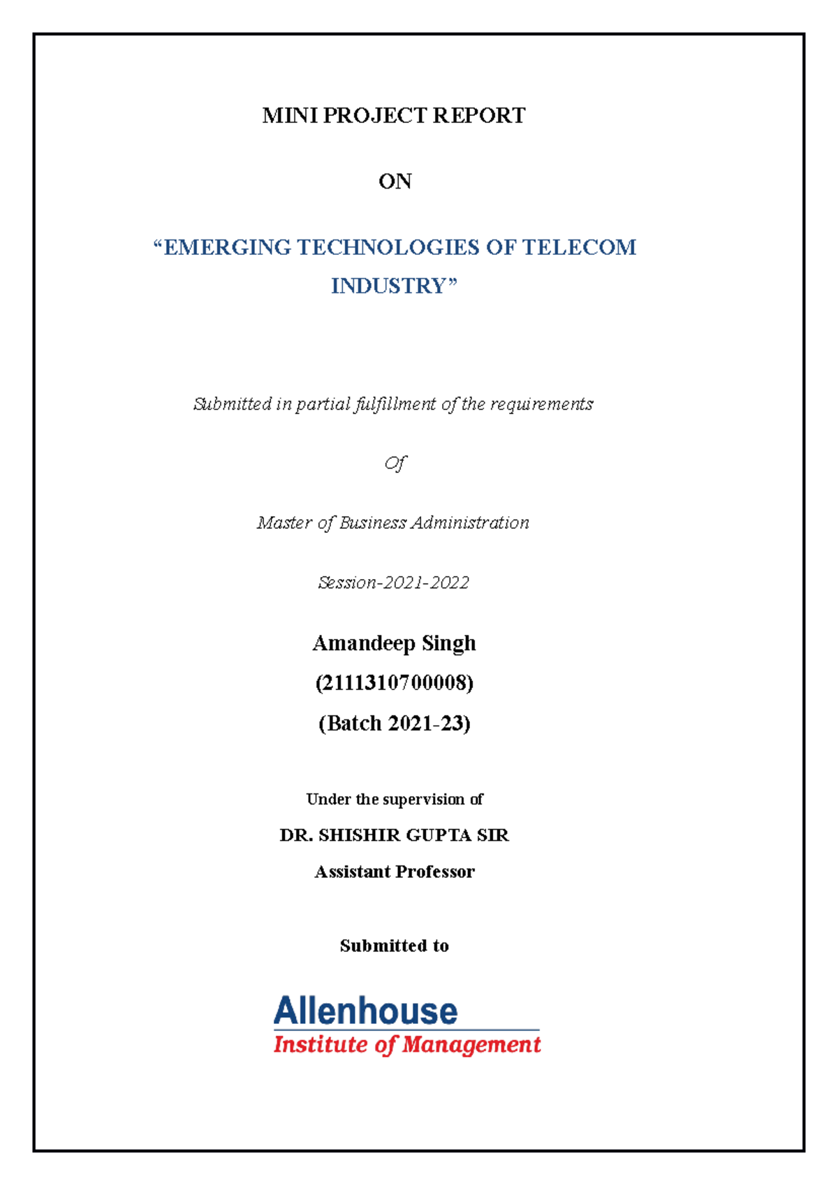 Telecom industry - MINI PROJECT REPORT ON “EMERGING TECHNOLOGIES OF ...