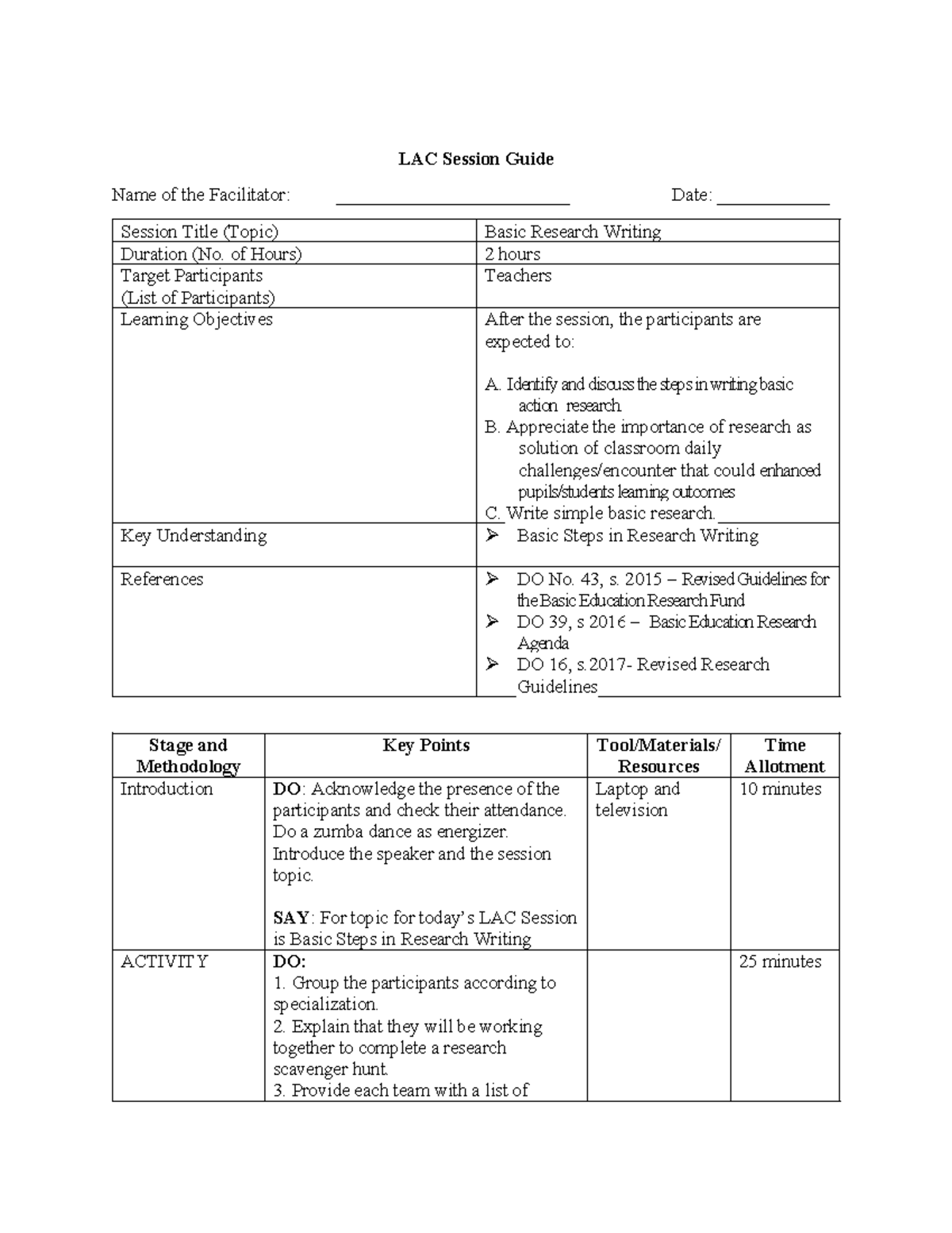 session guide - basic research writing - LAC Session Guide Name of the ...