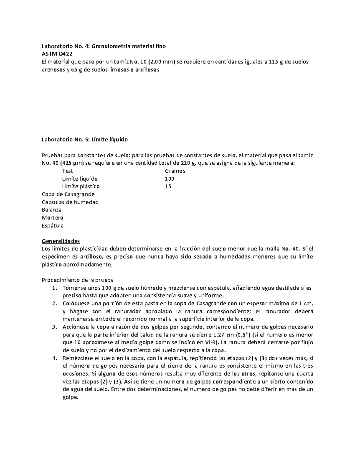 GUIA DE Laboratorio limite liquido - Laboratorio No. 4: Granulometría ...