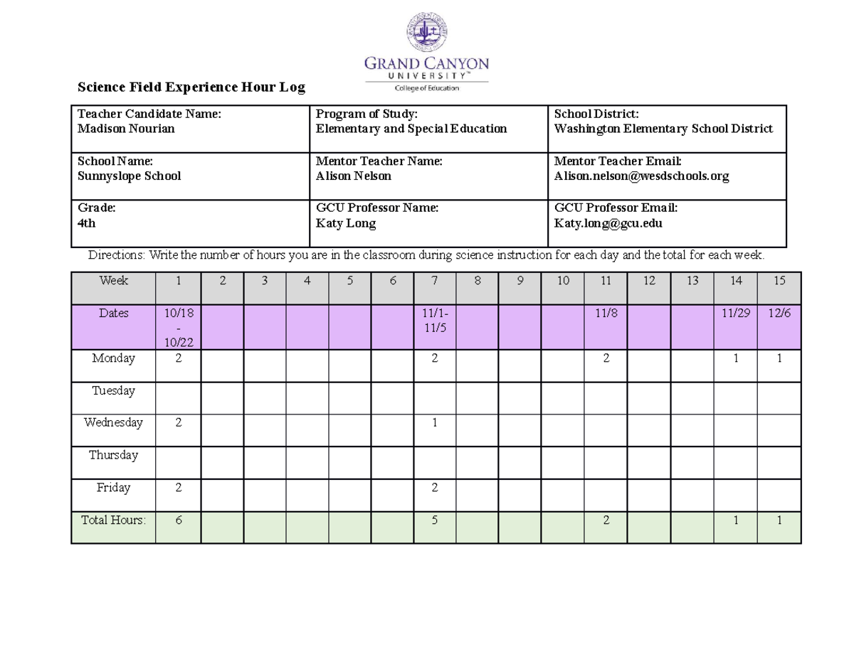 ELM 361 Science Field Experience Hour Log and Reflections - Science ...