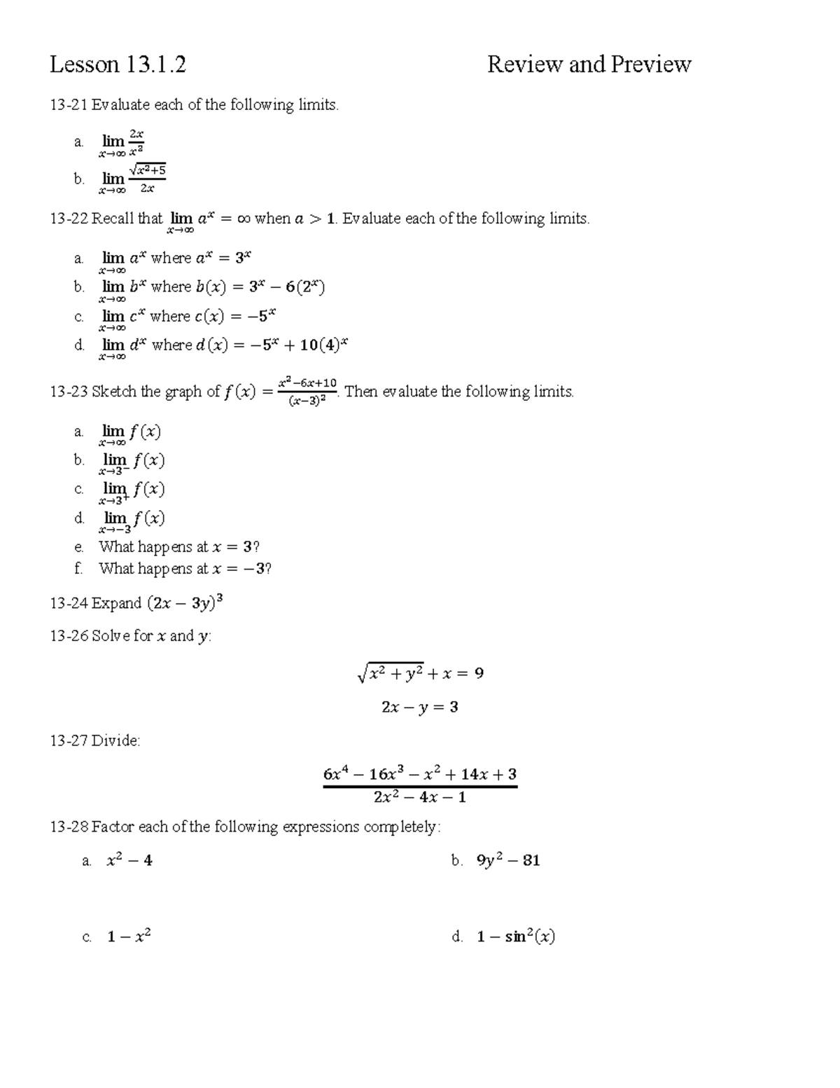 13 - pre-calculus - Lesson 1 3 .1. 2 Review and Preview 13 - 21 ...