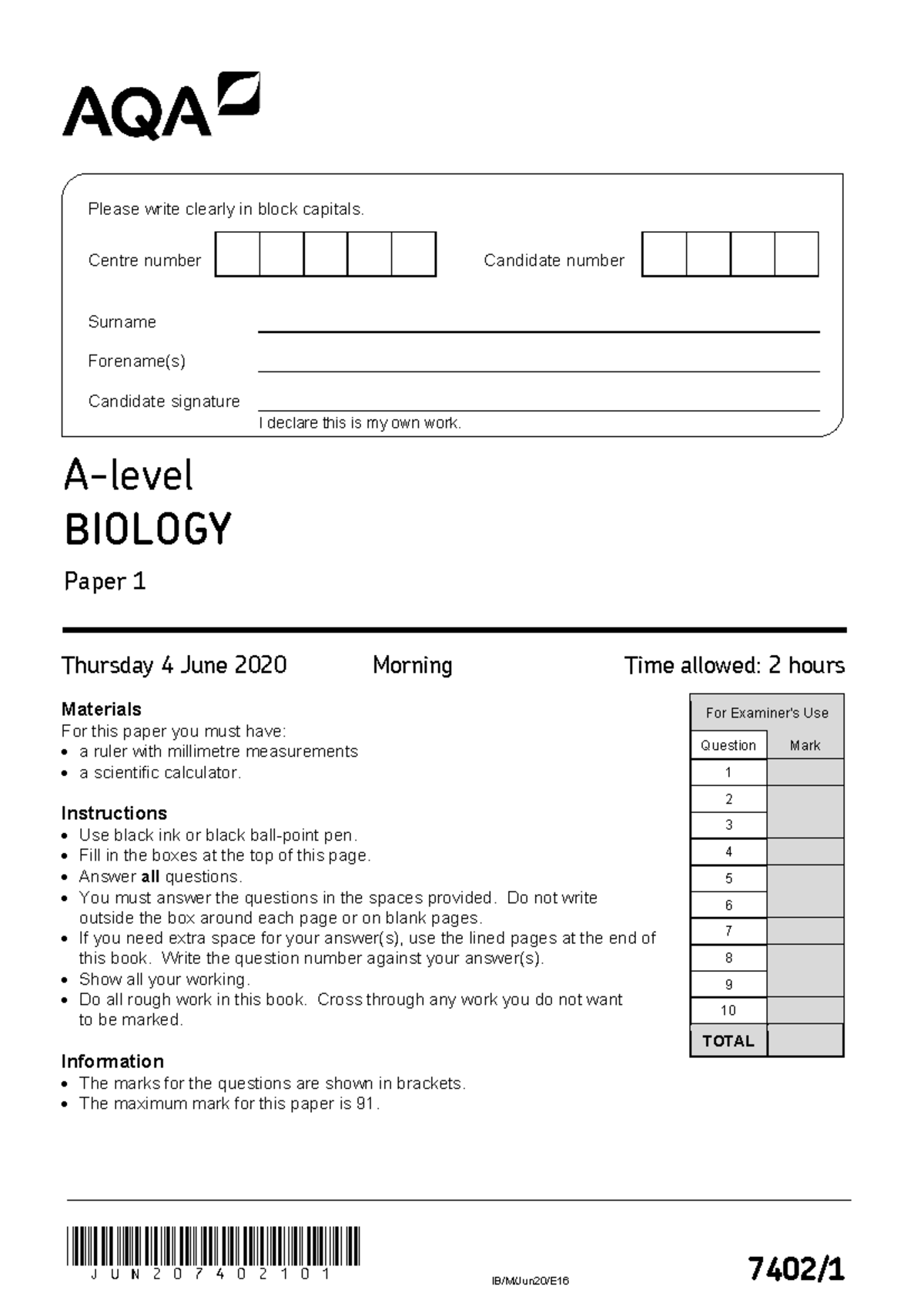 Paper 1 - *JUN207 402101 * IB/M/Jun20/E16 7402/ For Examiner’s Use ...