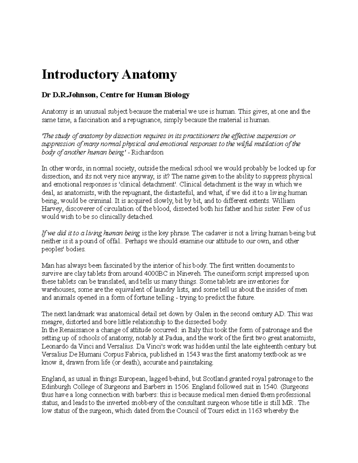 Introductory Anatomy - Lecture notes 1 - Introductory Anatomy Dr D.R ...