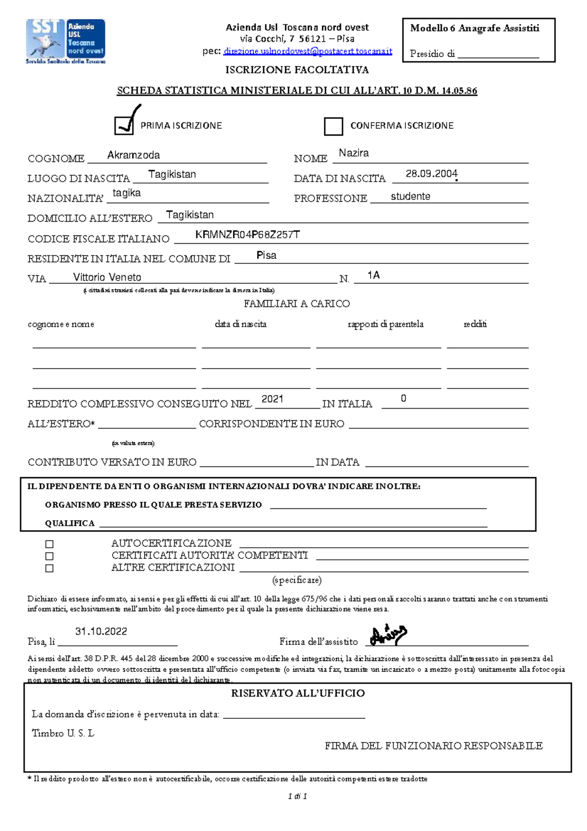 Modello 6 - Scheda Ministeriale Facoltativa - Azienda Usl Toscana nord ...