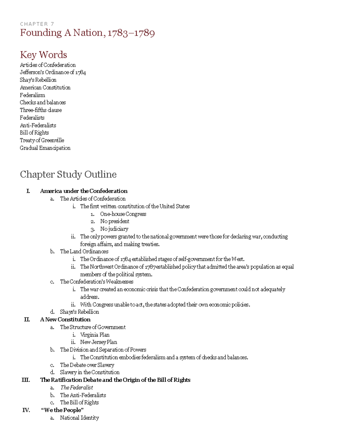Chapter 7 Outline - quiz - CHAPTER 7 Founding A Nation, 1783–1789 Key ...