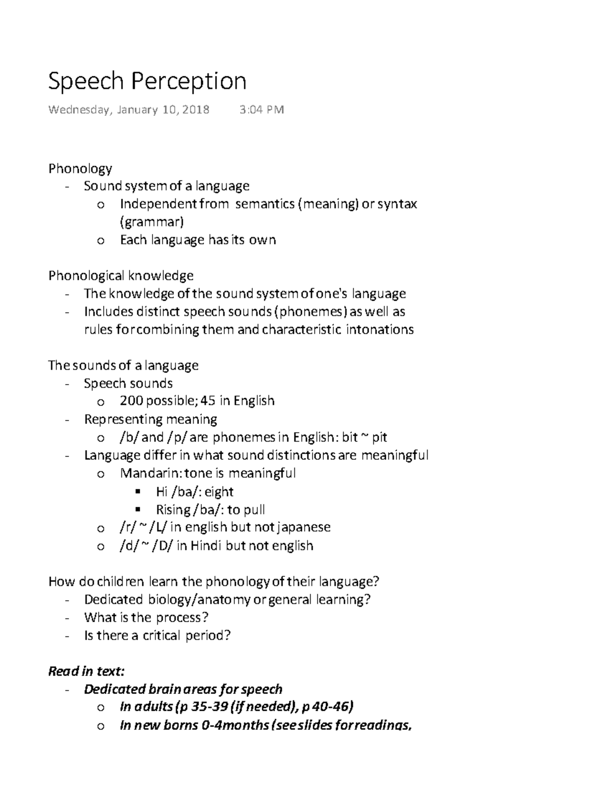Speech Perception - Lecture notes 2 - Phonology Sound system of a ...
