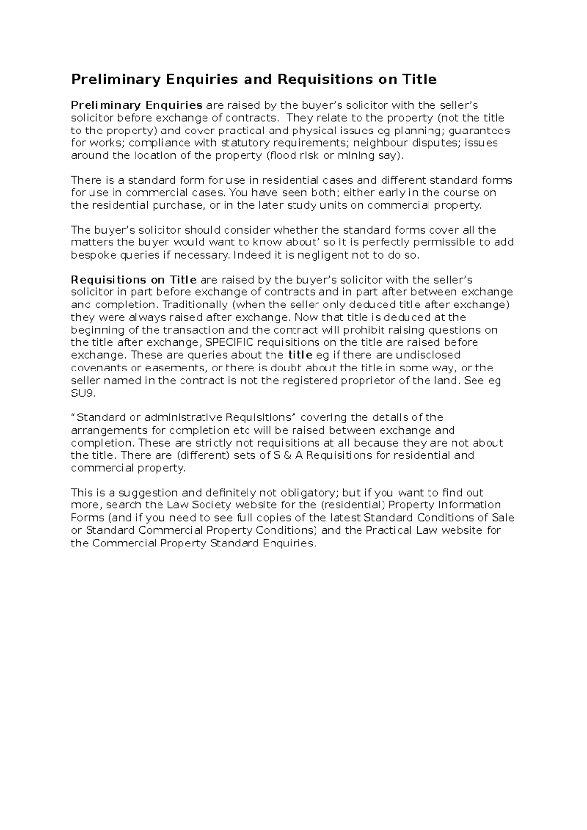 Preliminary Enquiries and Requisitions on Title - Preliminary Enquiries ...