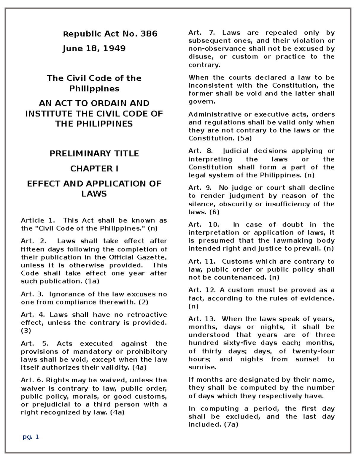 Civil CODE OF THE Phils (chan robles - Republic Act No. 386 June 18 ...