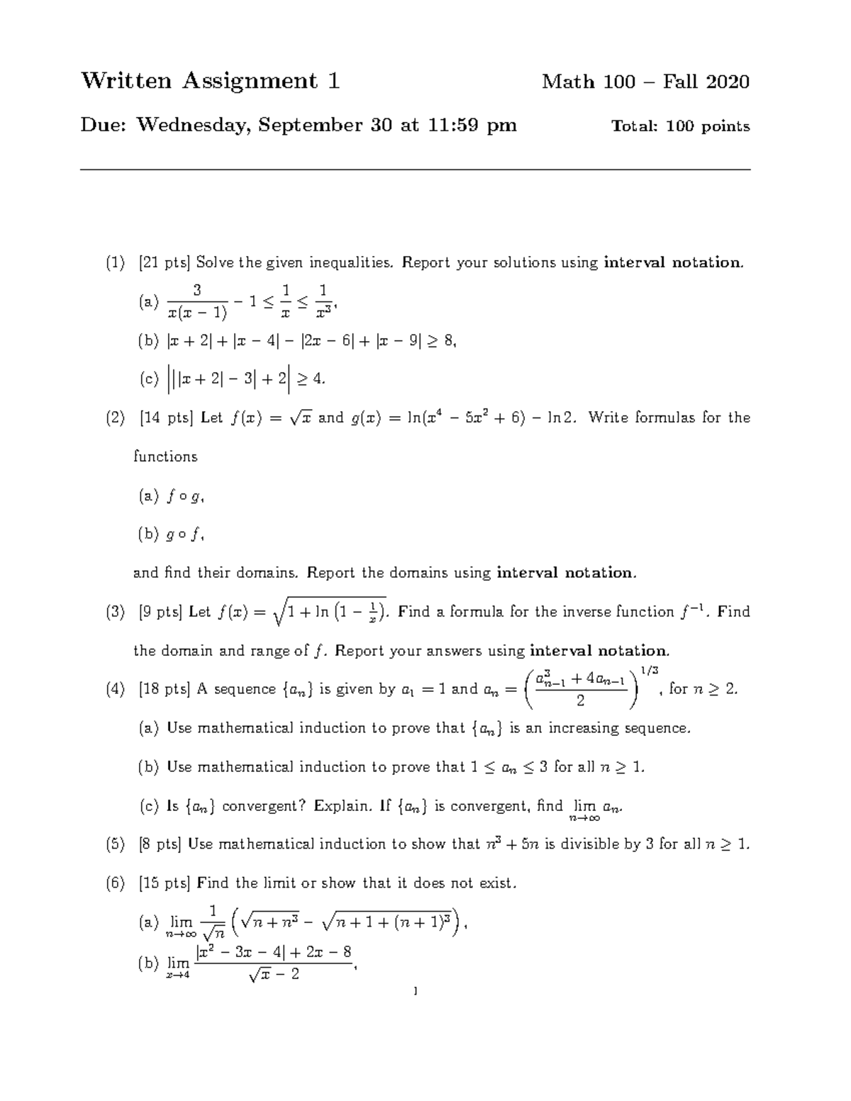 Writting Assignment 1 - Written Assignment 1 Math 100 – Fall 2020 Due ...