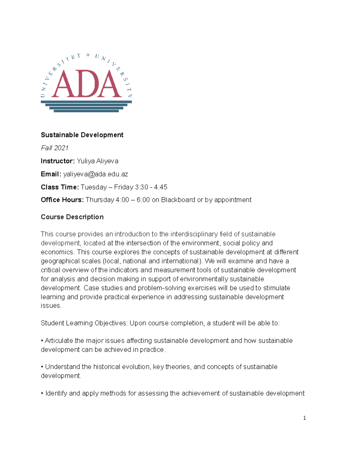 Sustainable Development syllabus Fall 2021 YA - Sustainable Development ...