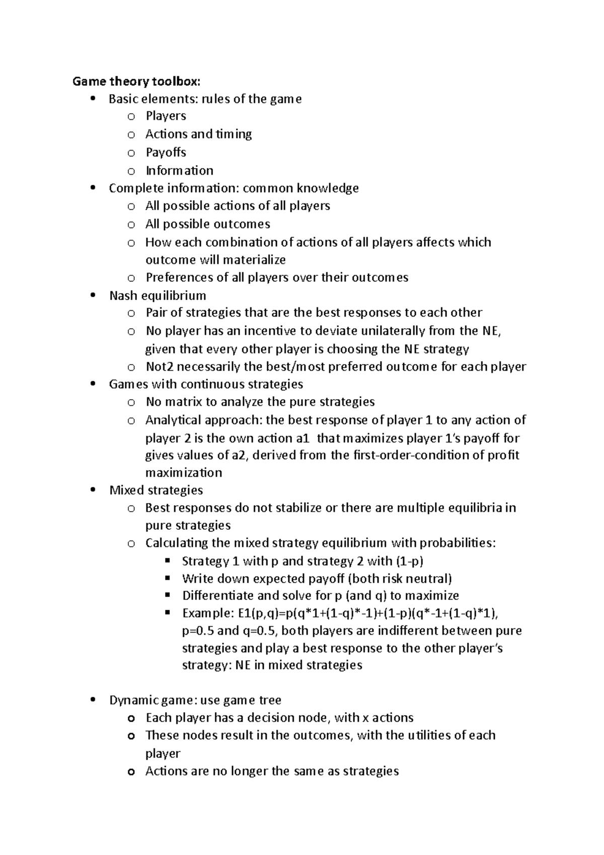 Game Theory Toolbox Notes Game Theory Toolbox Basic Elements Rules Of The Game O Players O