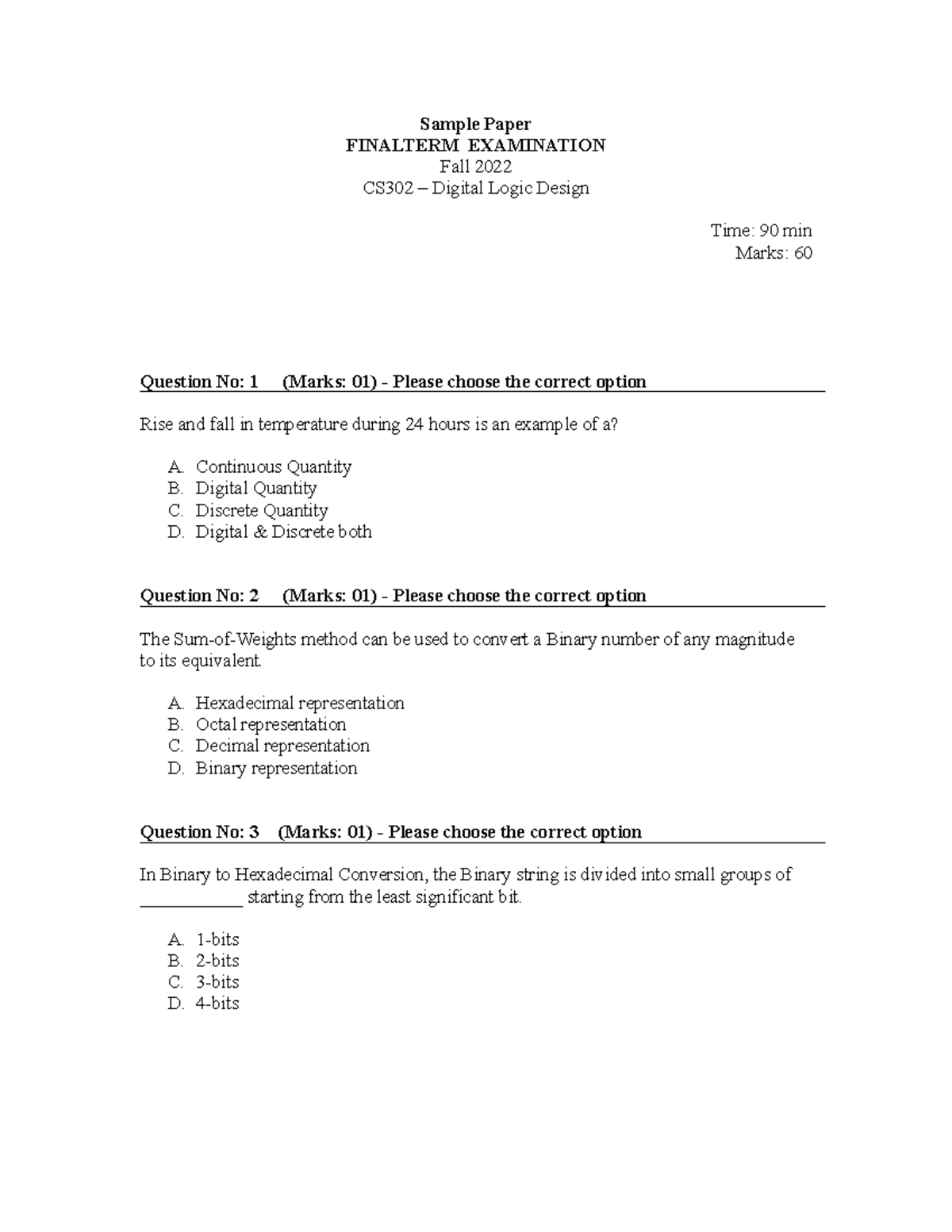 CS302 - Sample Paper - Notes are vey imp to wrk - Sample Paper ...