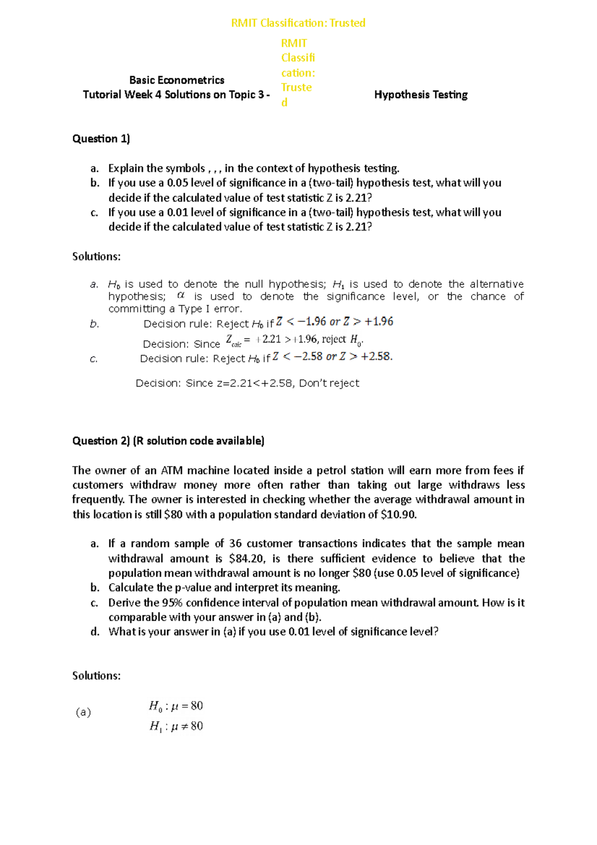 Econ1066 Tutorial Week 4 Solutions 1 Rmit Classification Trusted Rmit Classifi Cation Basic