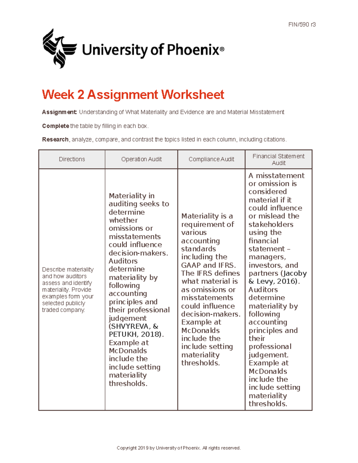 Fin590 week 2 worksheet - FIN/590 r Week 2 Assignment Worksheet ...