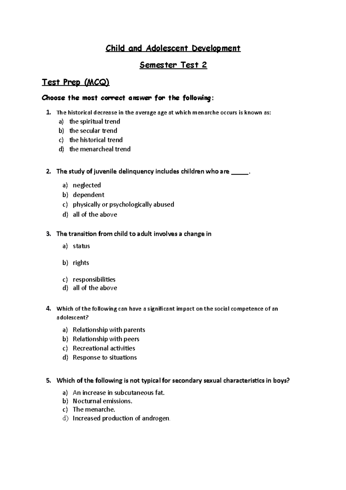 CAD - Semtester Test 2 Prep - Child and Adolescent Development Semester ...