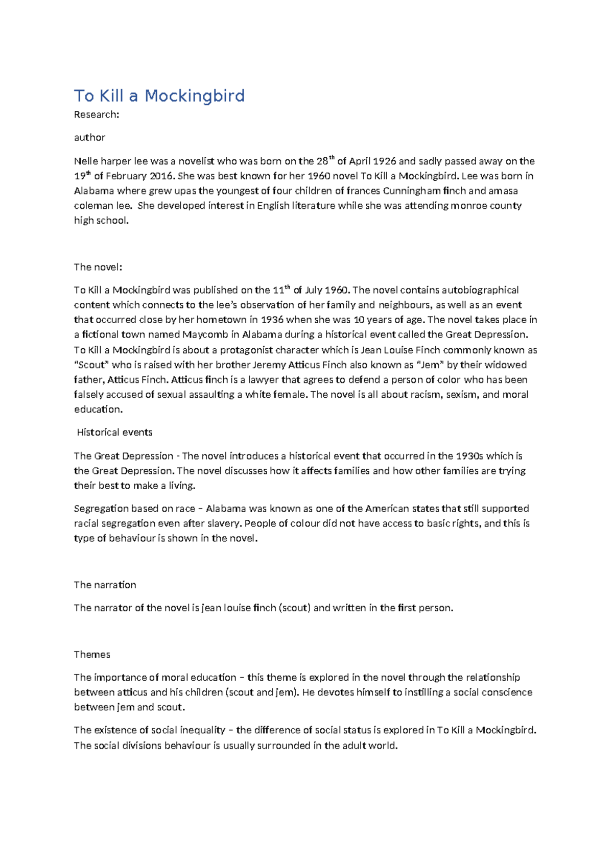 To Kill a Mockingbird - To Kill a Mockingbird Research: author Nelle ...