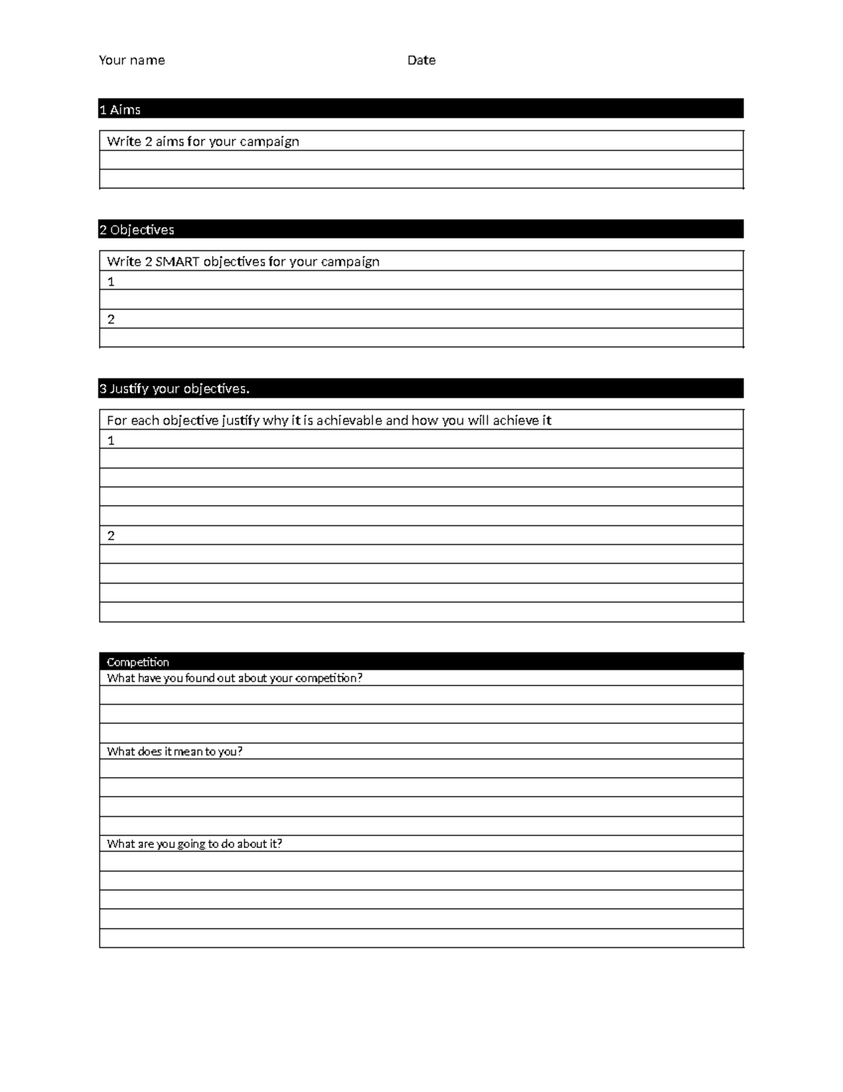 Template for activity 1 mock - 1 Aims Write 2 aims for your campaign 2 ...
