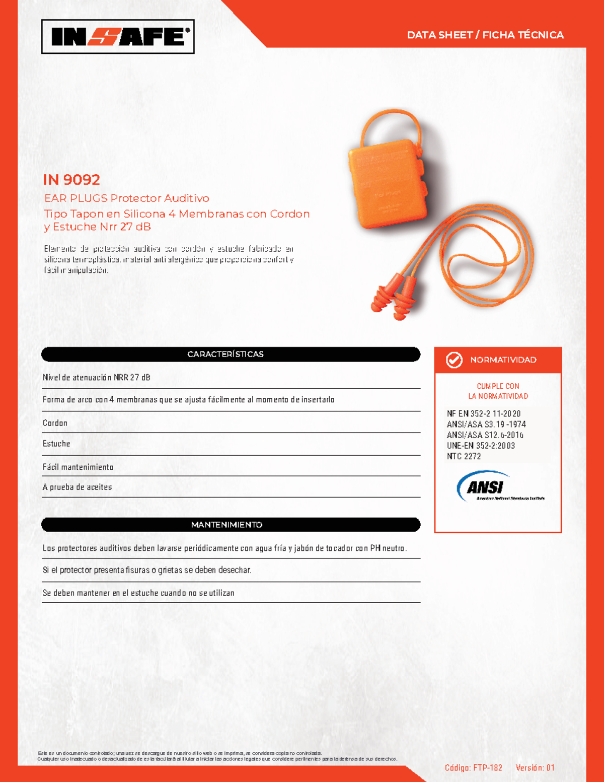 3.2. ficha tecnica tapoidos de insercion Insafe - DATA SHEET / FICHA TÉCNICA Código: FTP-182 ...