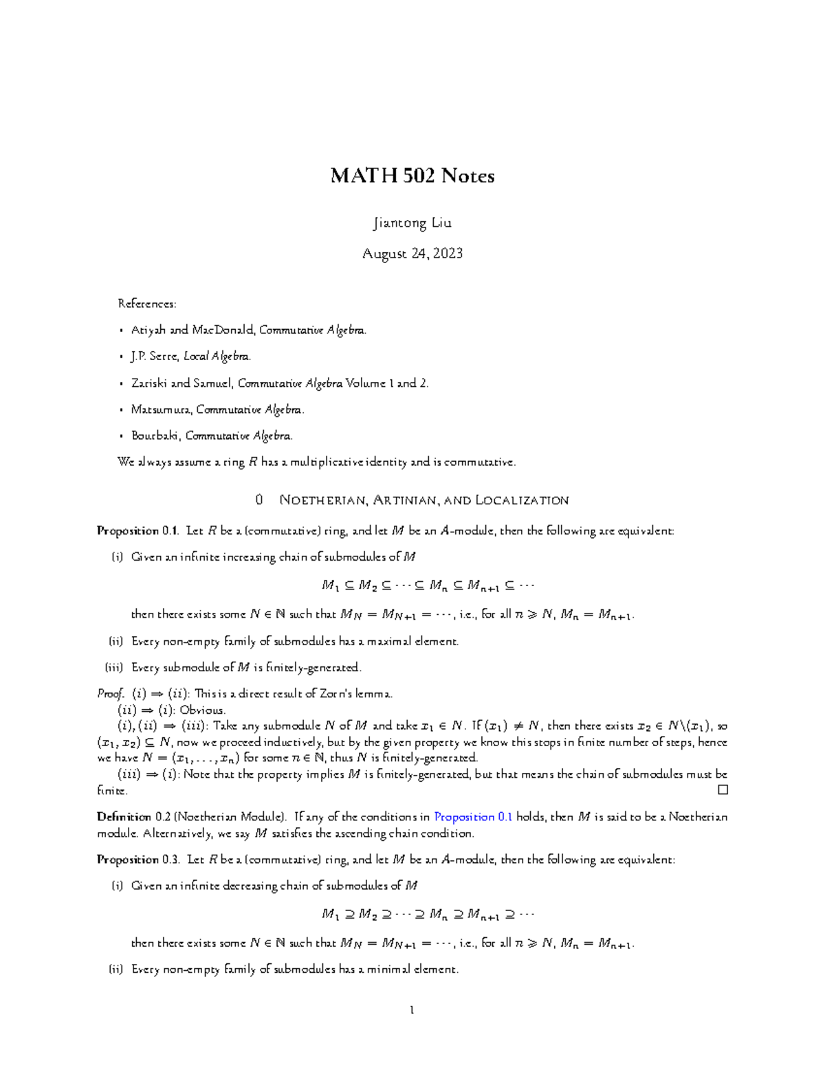 502Notes 1-5 - MATH 502 Notes Jiantong Liu August 24, 2023 References ...