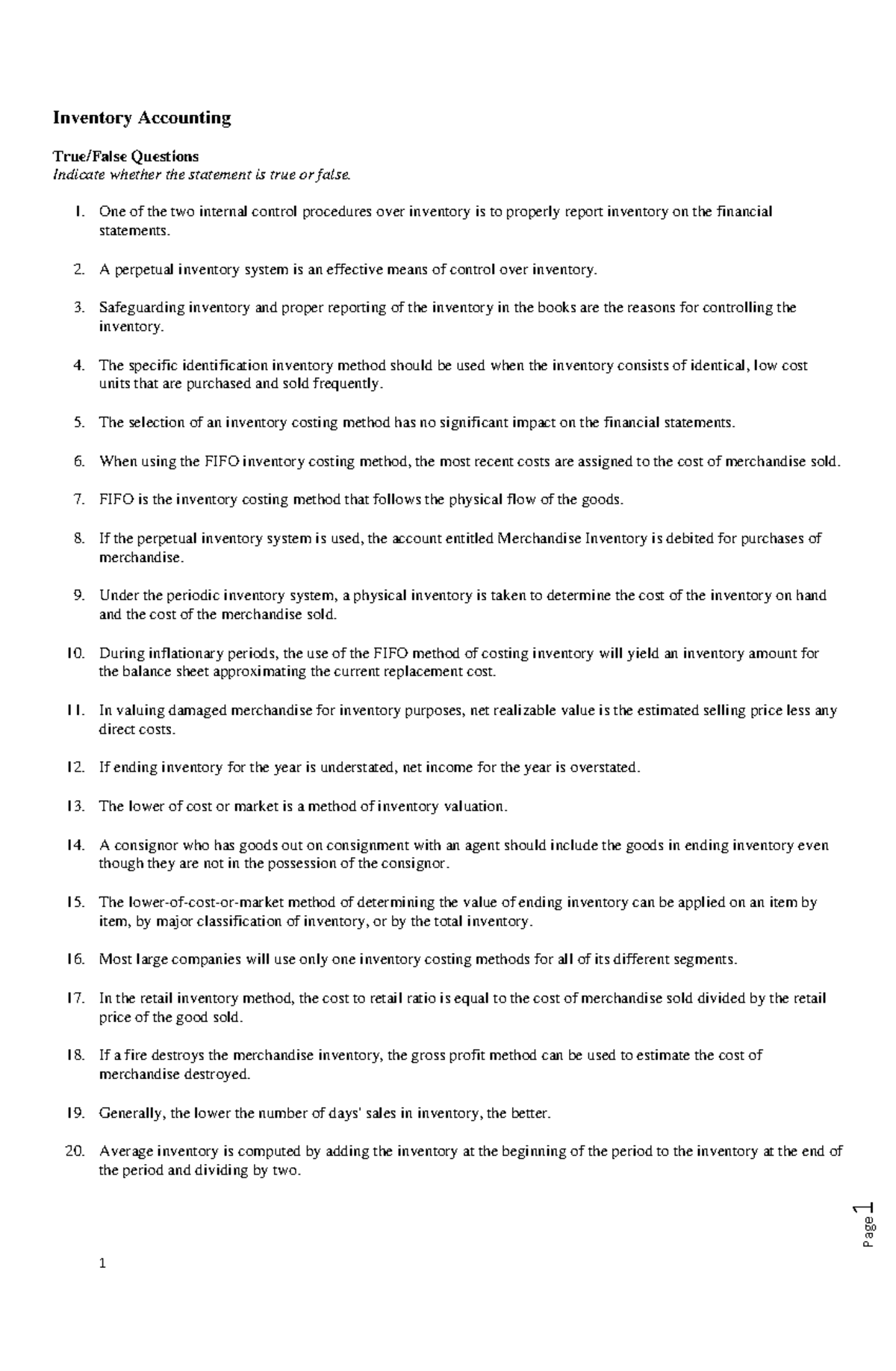 Inventories- Accounting- Exercises - Page 1 Inventory Accounting True/False Questions Indicate ...