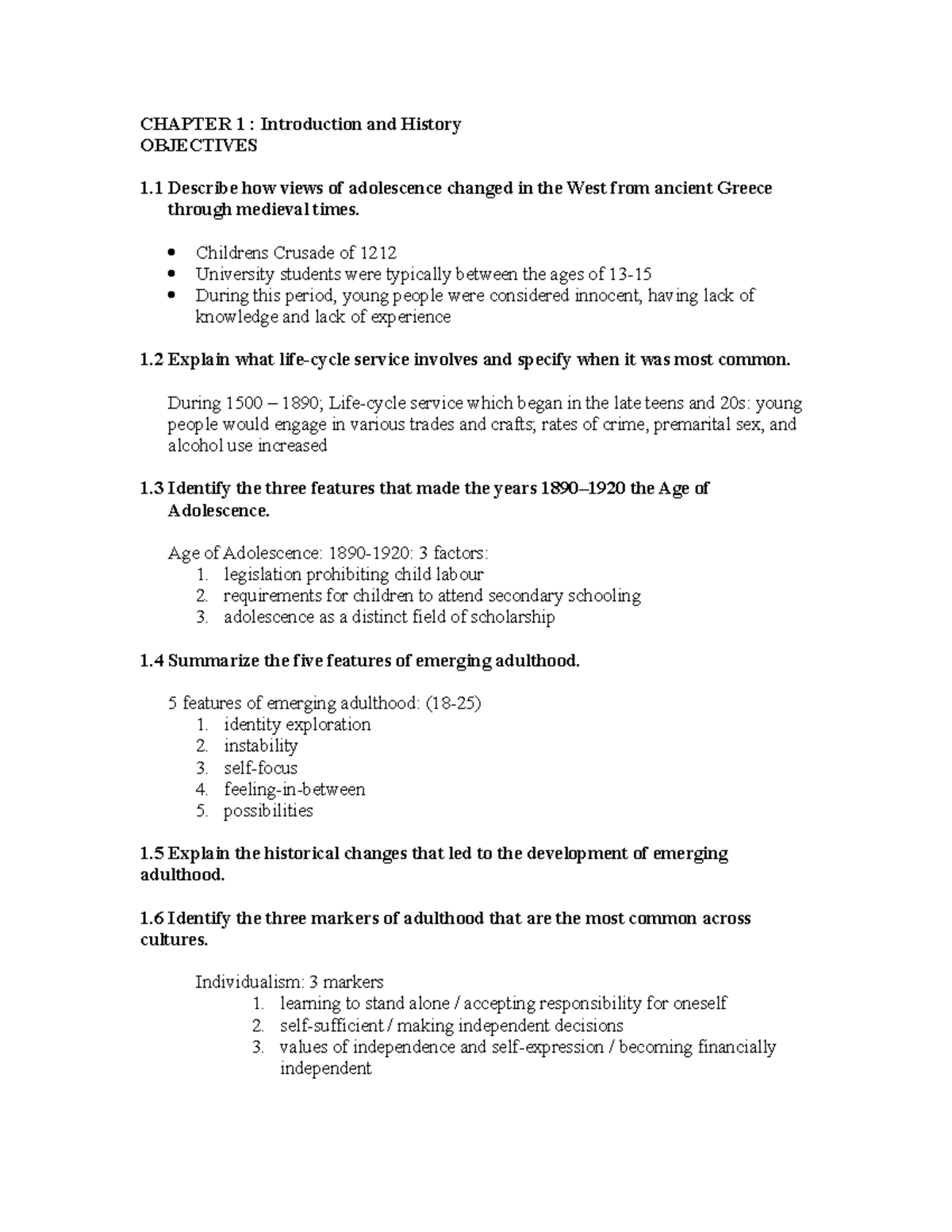 Adolescent Psychology Lecture notes, lecture Objectives - CHAPTER 1 ...