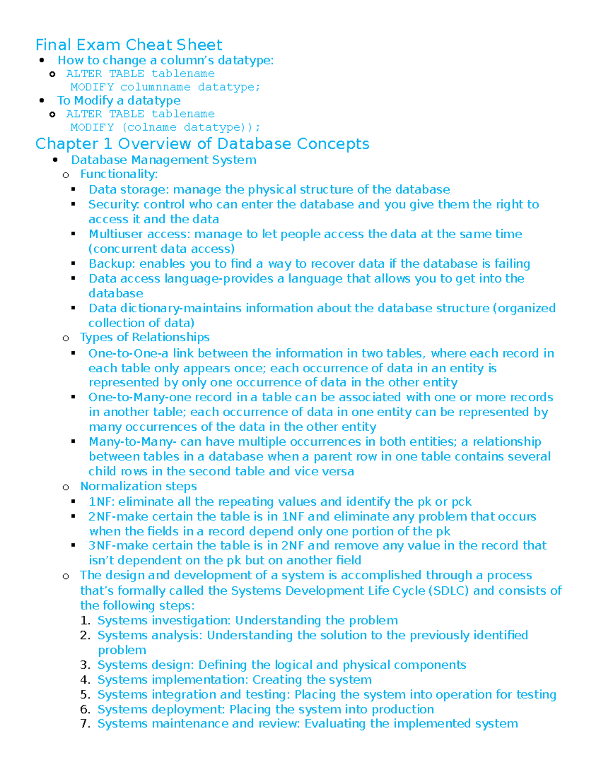Final Exam Cheat Sheet - chapter 1, 2, 3, 4, 5, 8, ,9 - Final Exam ...