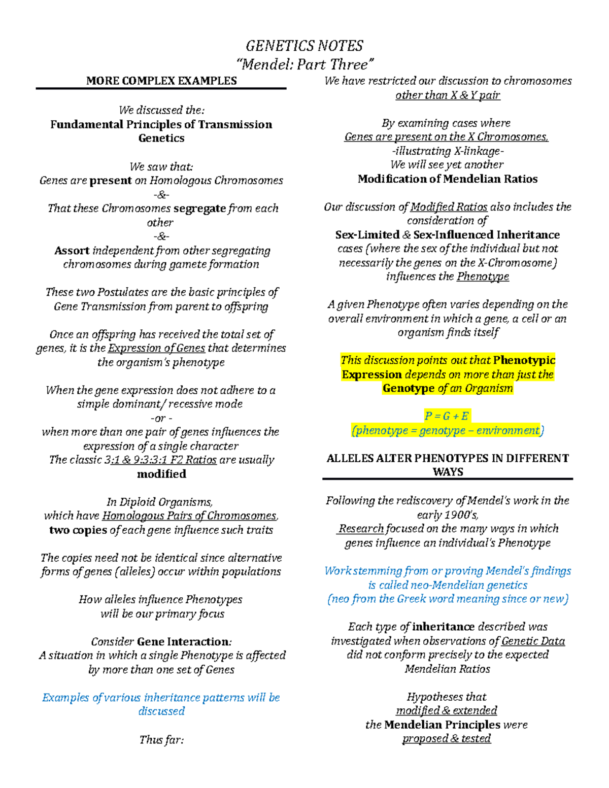 Genetics Notes "Mendel Part Three" - GENETICS NOTES Part MORE COMPLEX ...