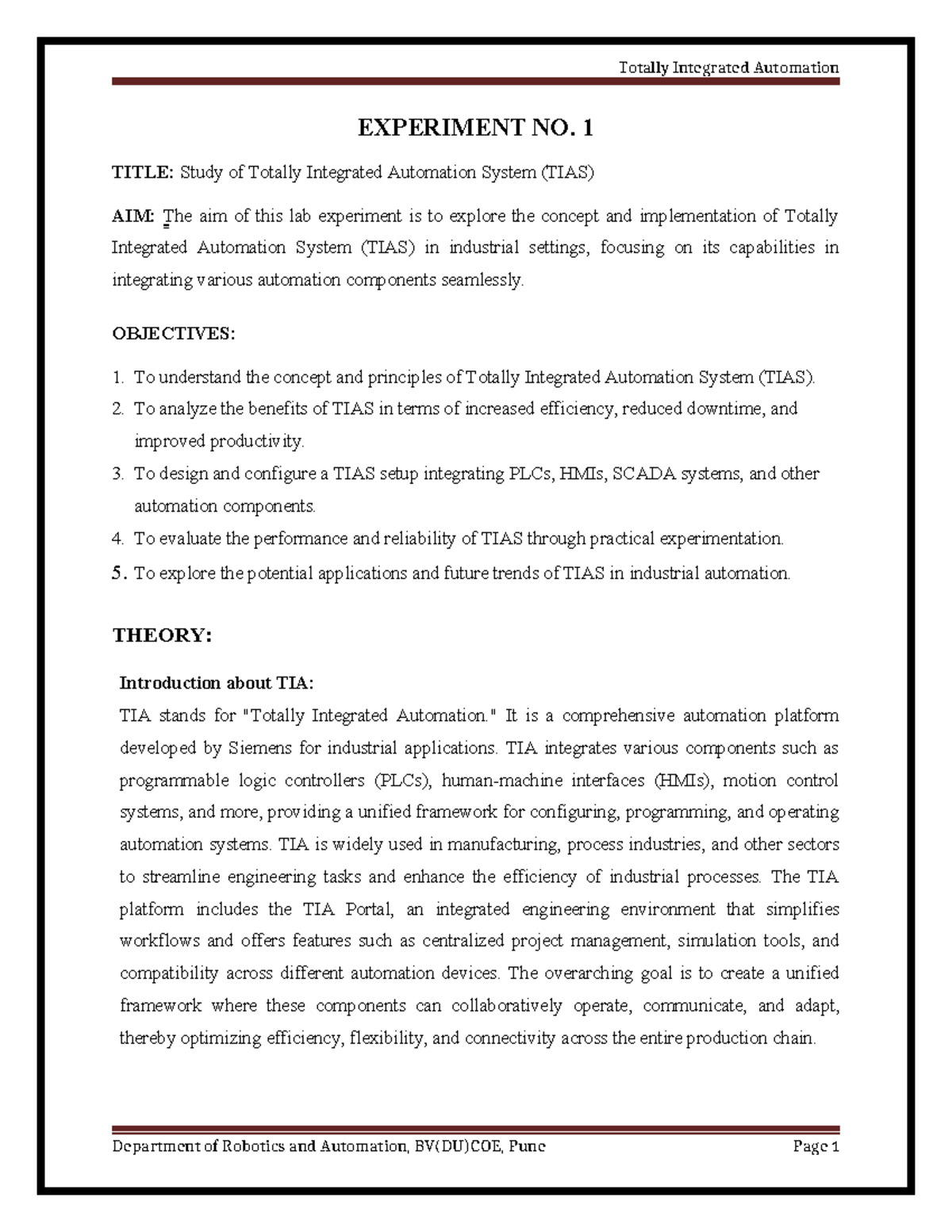 1. Study of Totally Integrated Automation Systems - EXPERIMENT NO. 1 TITLE: Study of Totally ...