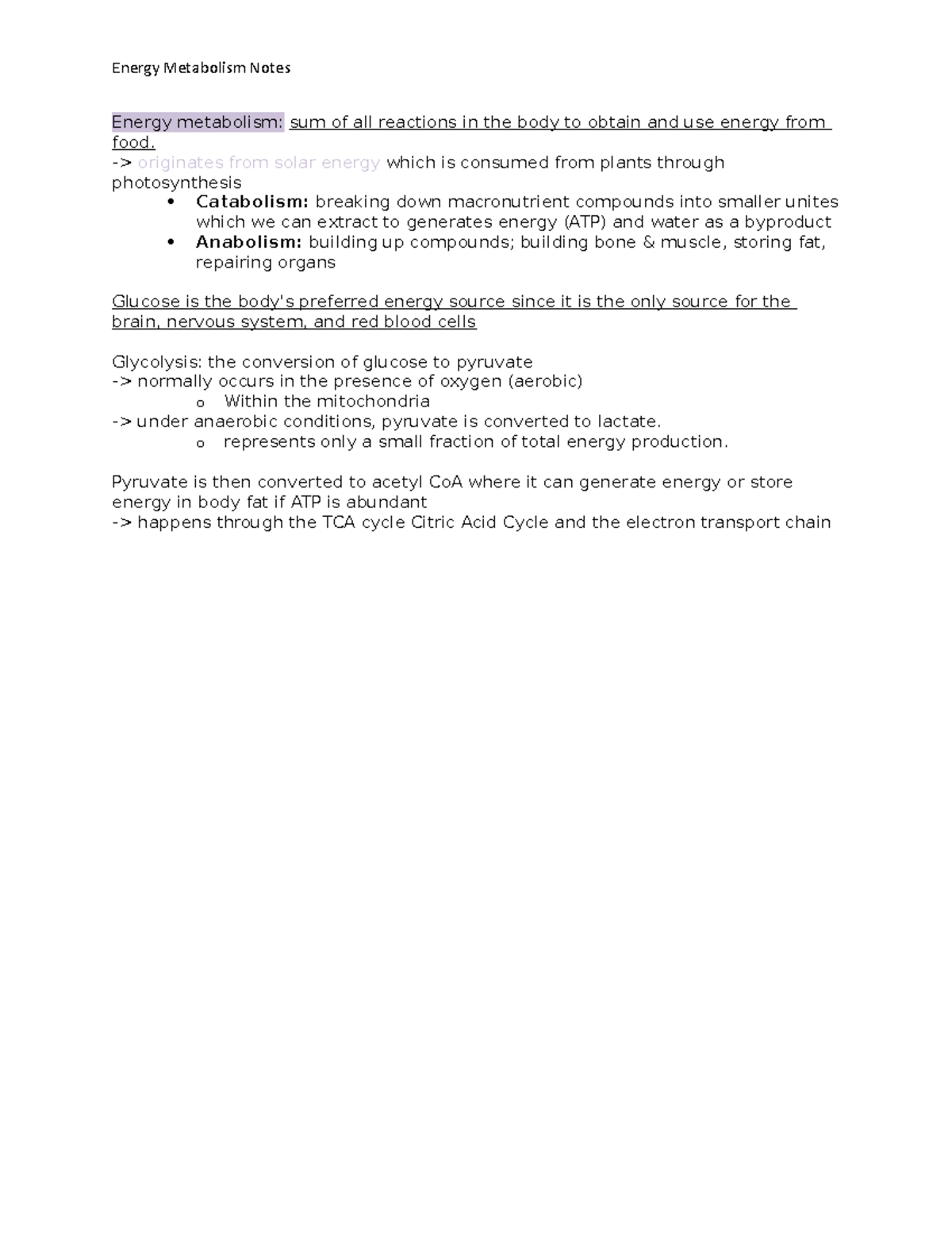 Energy Metabolism Notes - Energy metabolism: sum of all reactions in ...